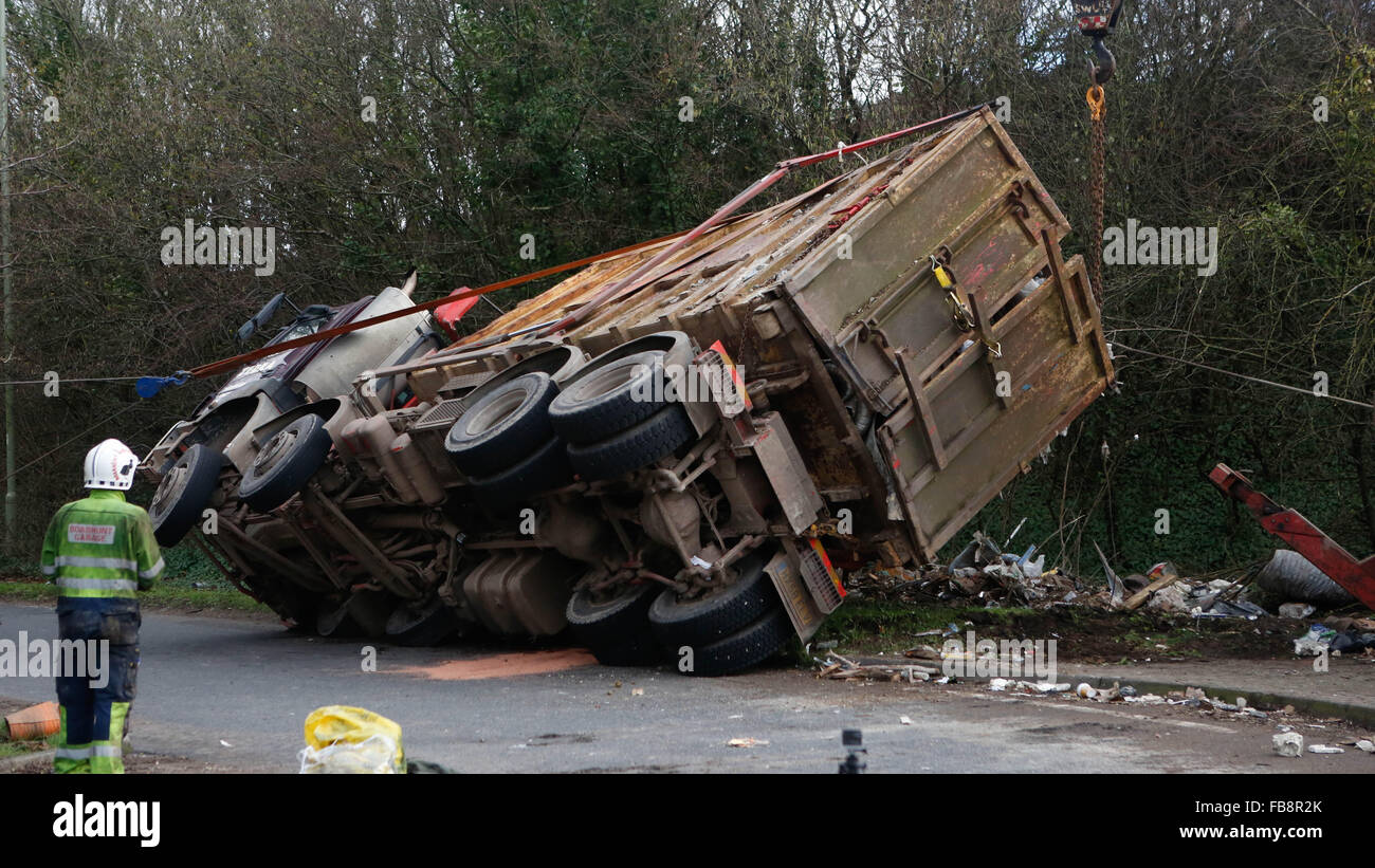 Fareham, Hampshire, UK. 12th January 2016. A refuse lorry overturned at ...