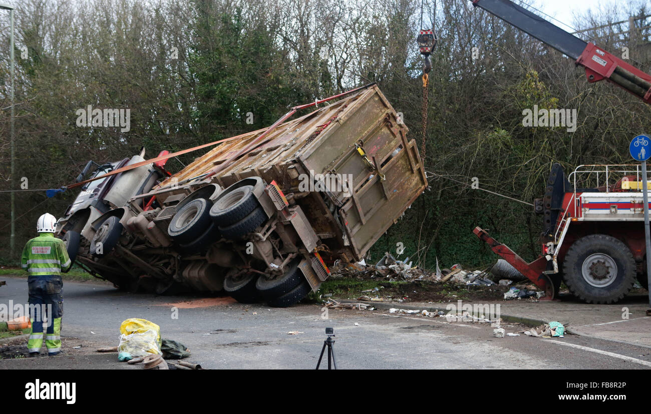 Fareham, Hampshire, UK. 12th January 2016. A refuse lorry overturned at ...