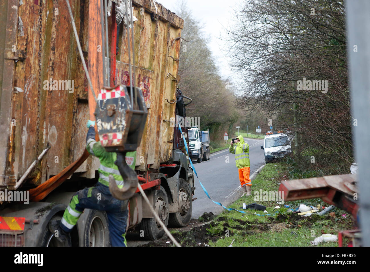 Fareham, Hampshire, UK. 12th January 2016. A refuse lorry overturned at ...