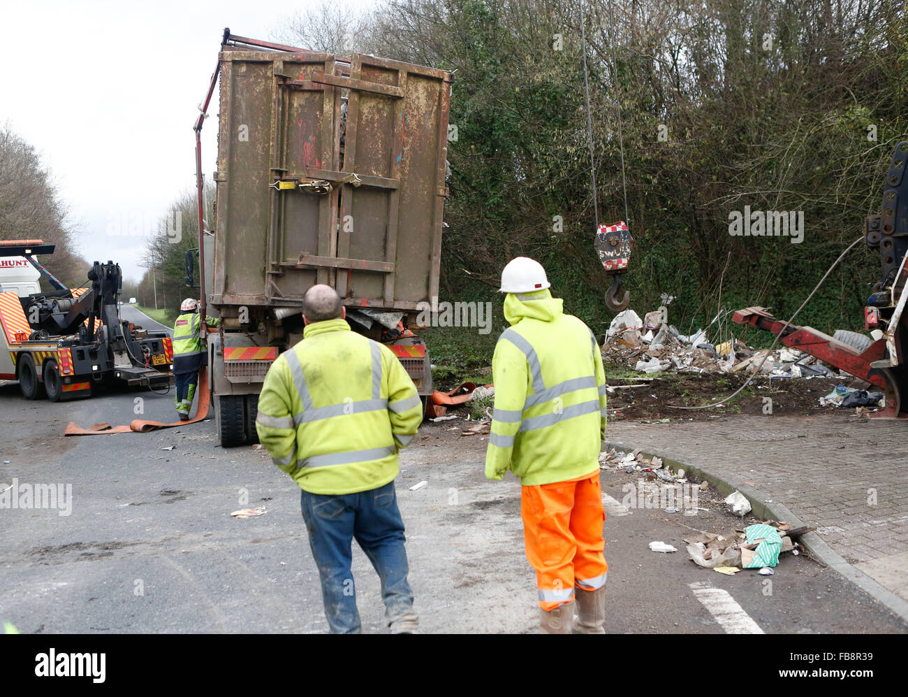 Fareham, Hampshire, UK. 12th January 2016. A refuse lorry overturned at ...