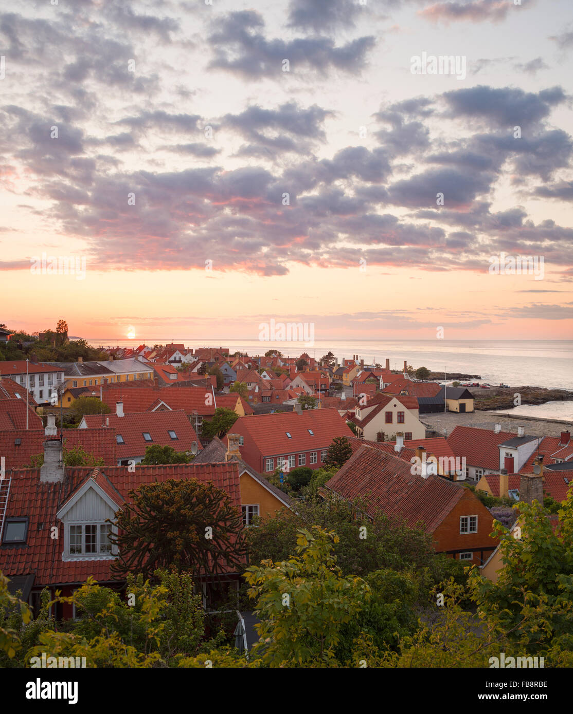 Denmark, Bornholm, Gudhjem, Townscape with Baltic sea in background ...