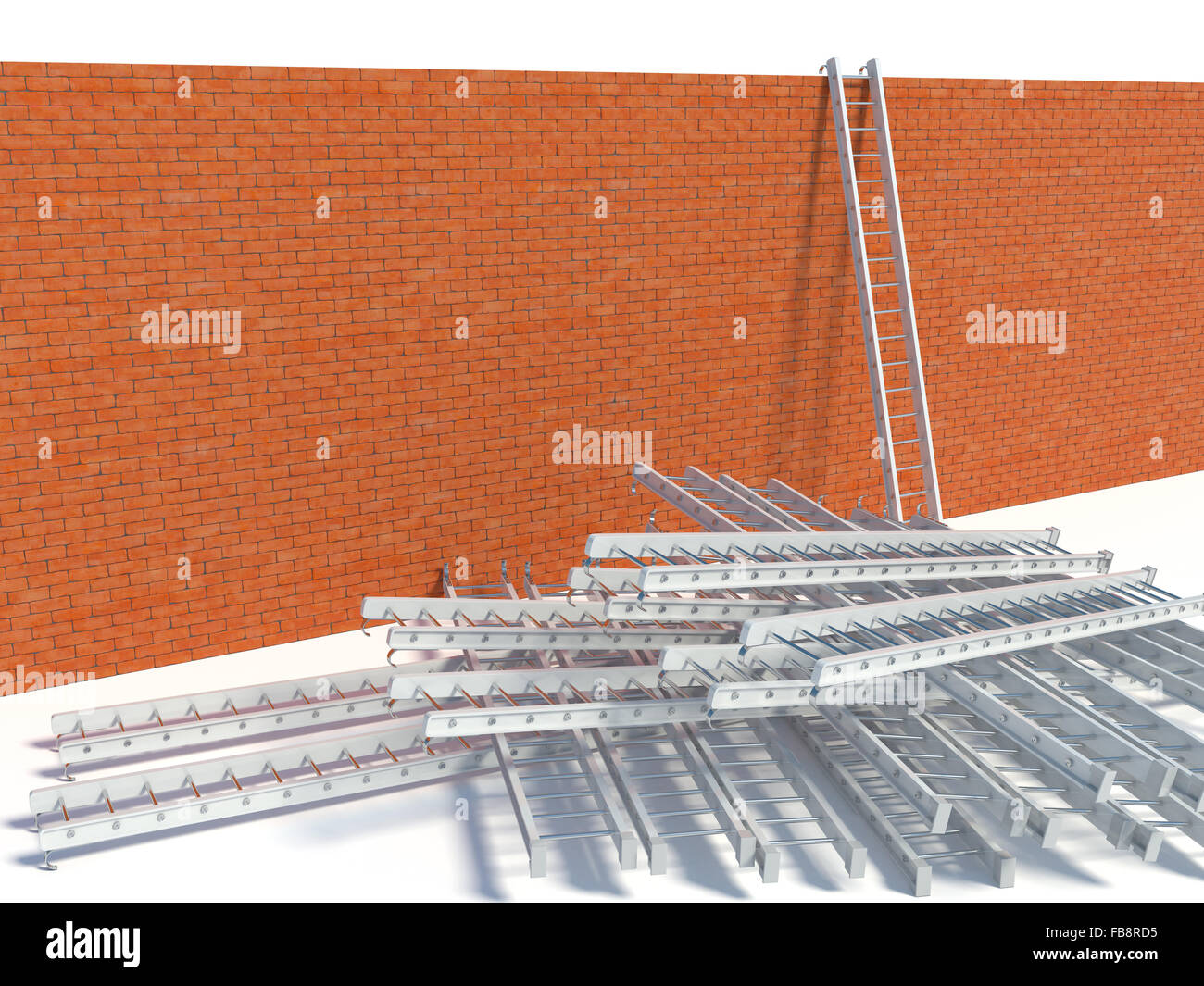 3d rendering of ladders stack, and one standing on the bricks wall ...