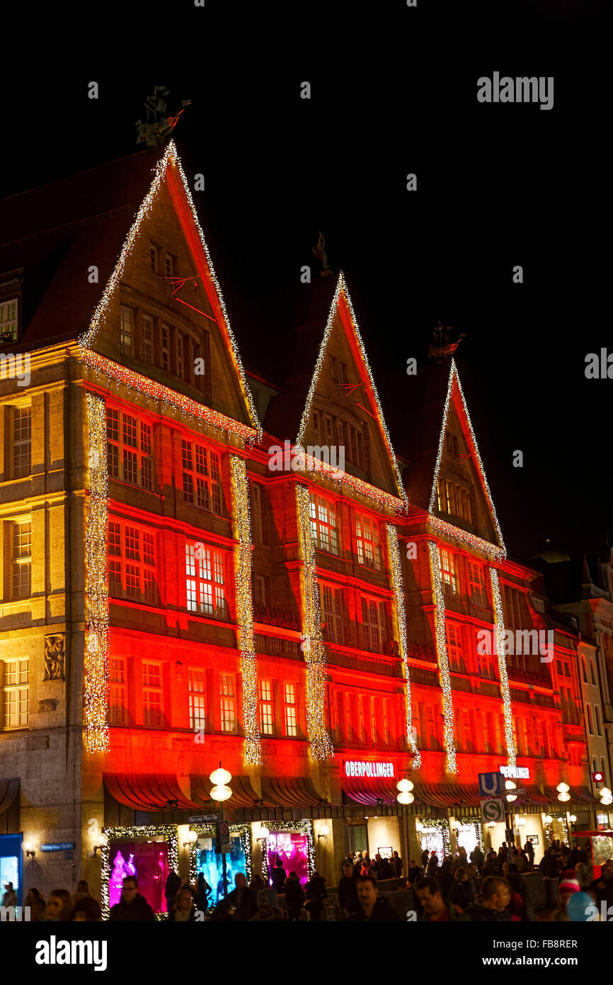 Christmas street light decorations on Oberpollinger building, Neuhauser ...