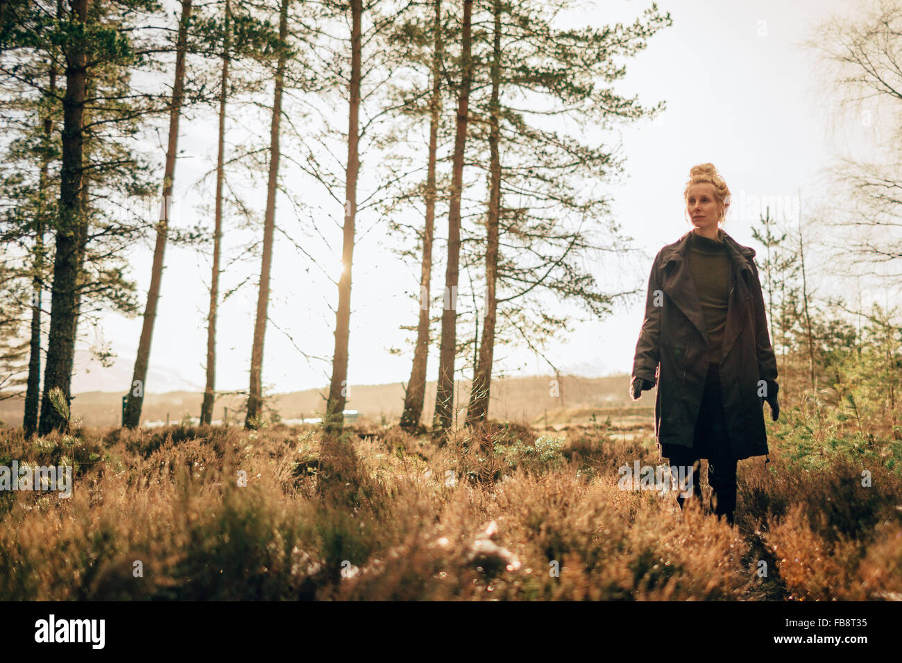 A woman walking through a forest Stock Photo - Alamy