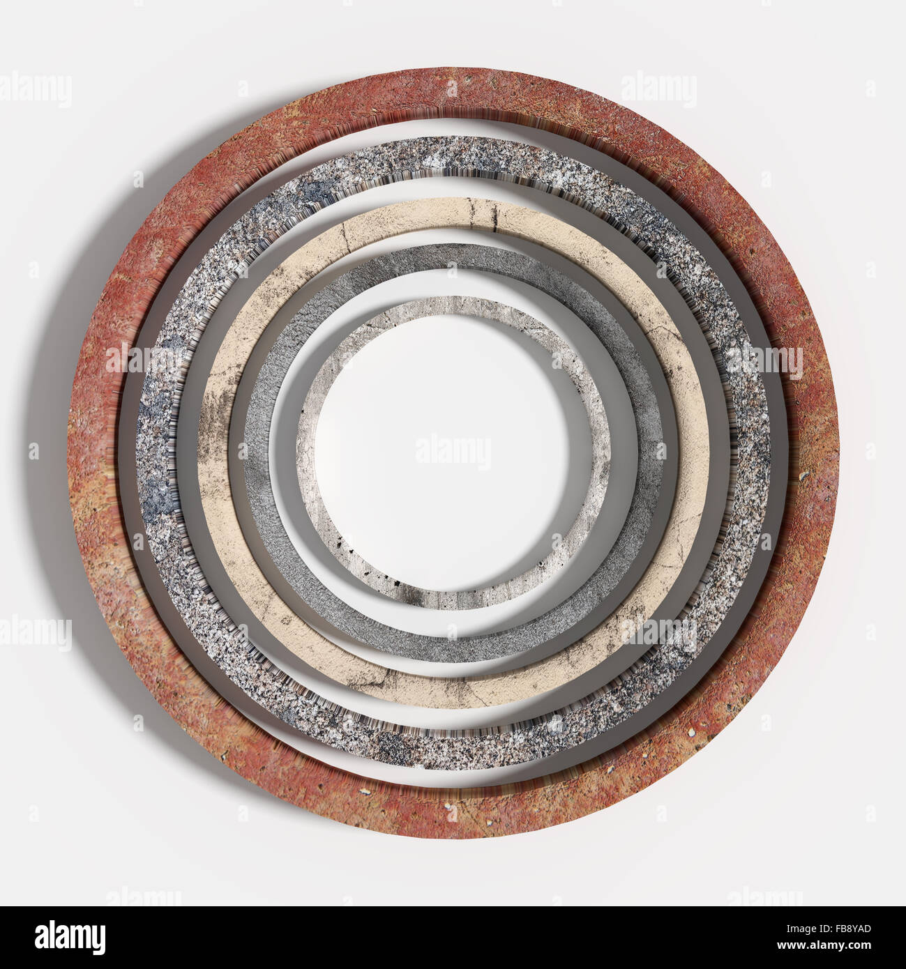 3d rendering of five rusty circles on white background. From above ...