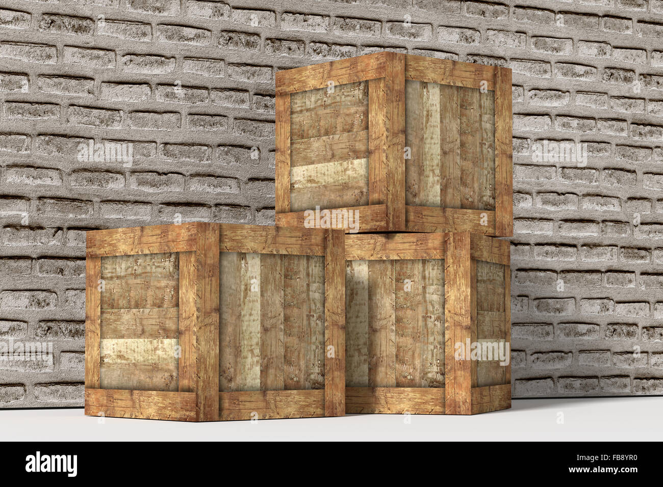 3d rendering of three wooden boxes near brick wall.Illustration Stock ...