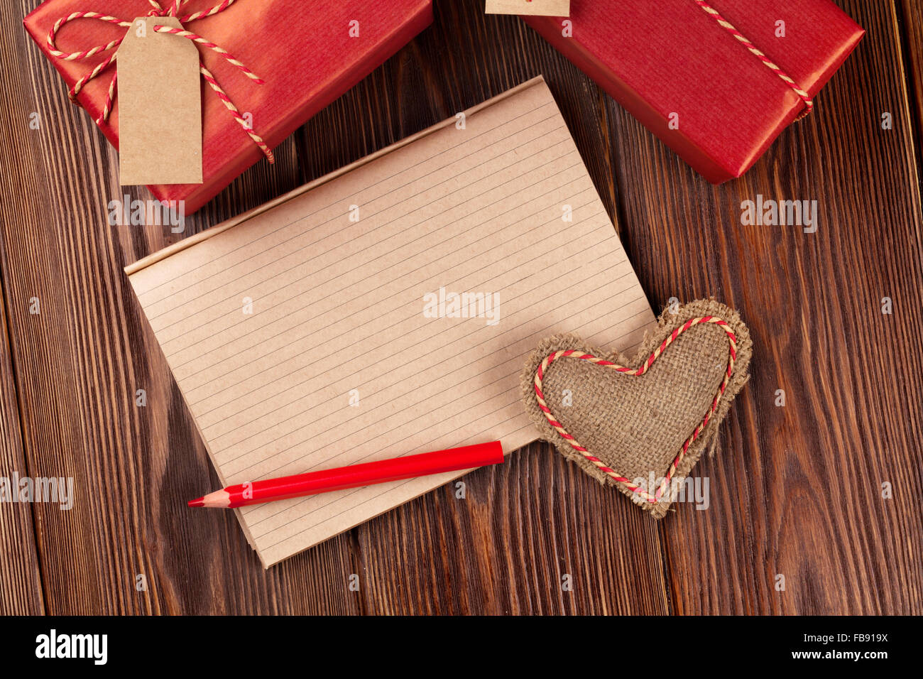 Valentines day toy heart, gift boxes and notepad for your text. Top ...
