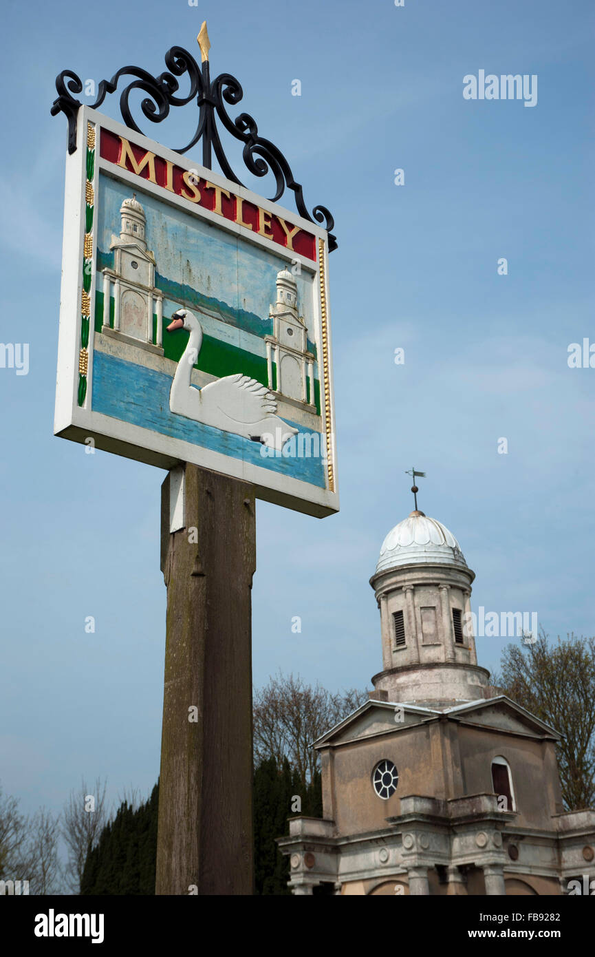 Mistley, Essex, close up of Village sign with one of the Mistley Towers ...