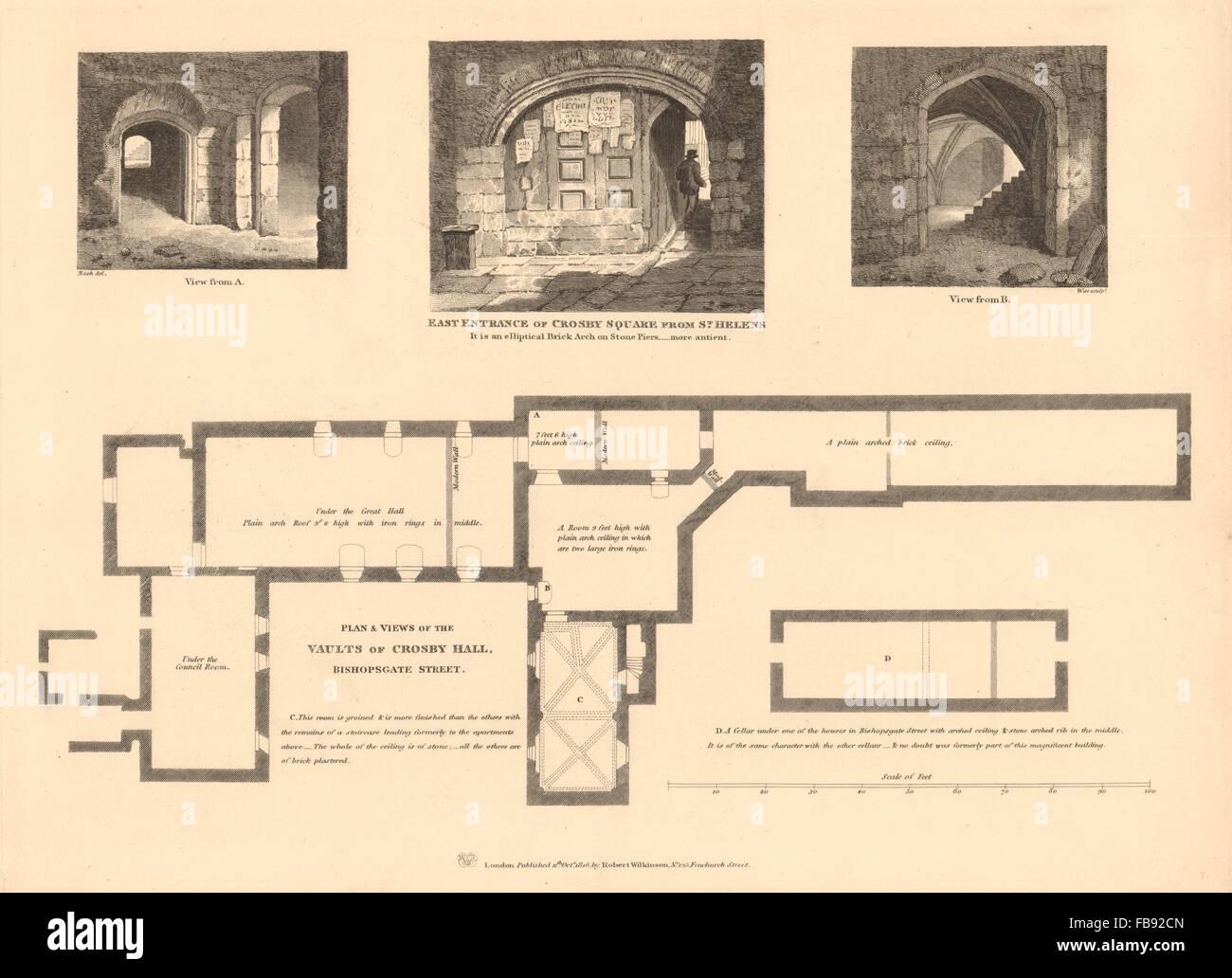 BISHOPSGATE. Plan & Views of the Vaults of Crosby Hall. London, 1834 ...