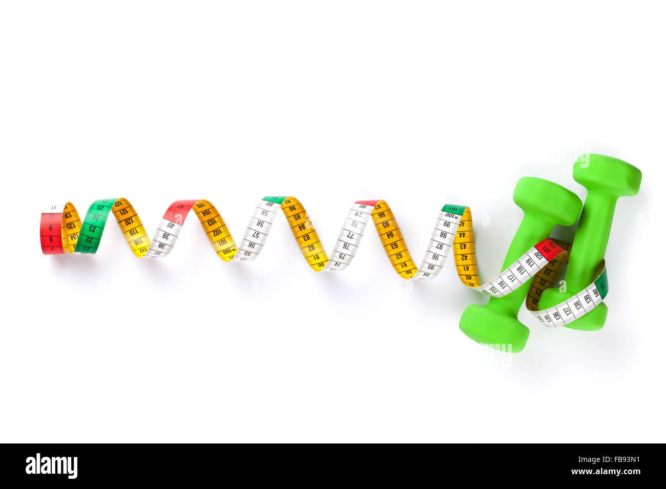 Dumbbells and tape measure. Fitness concept. Isolated on white ...