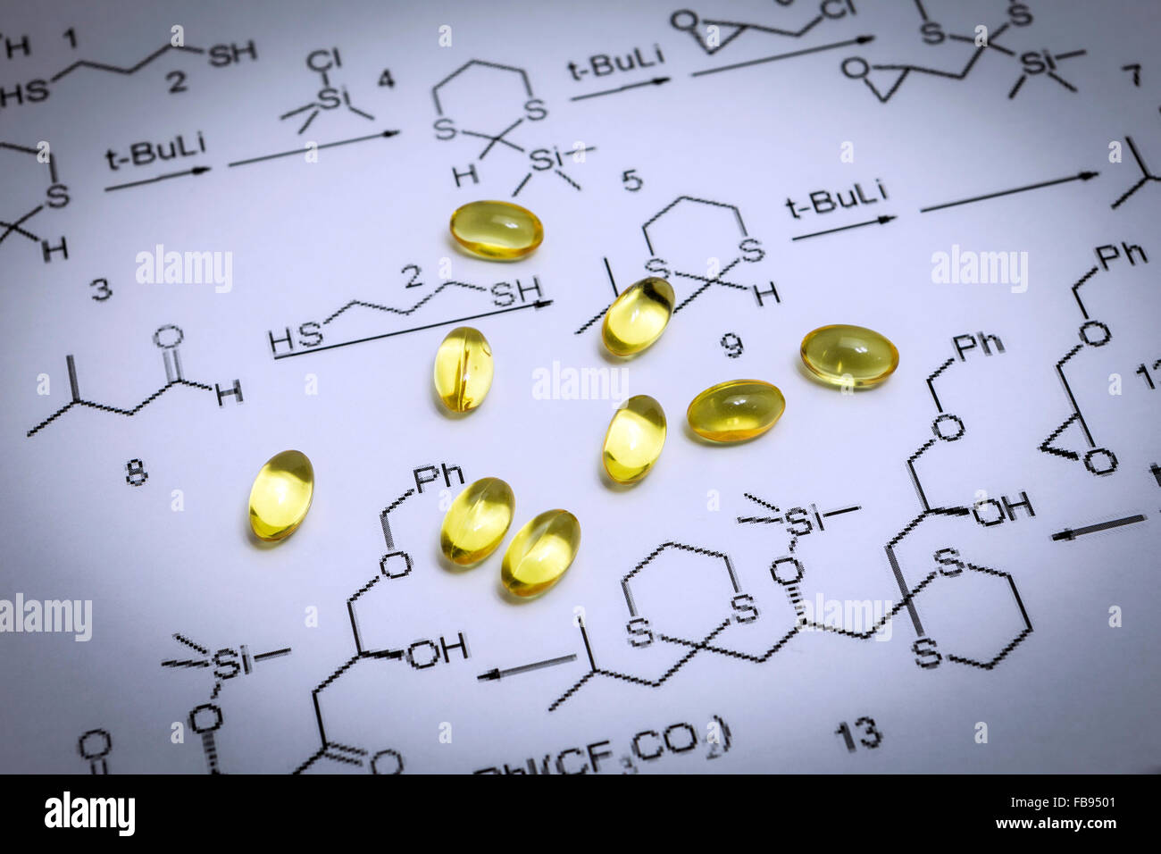 Chemistry science formula and oil capsules. Medicine concept Stock ...
