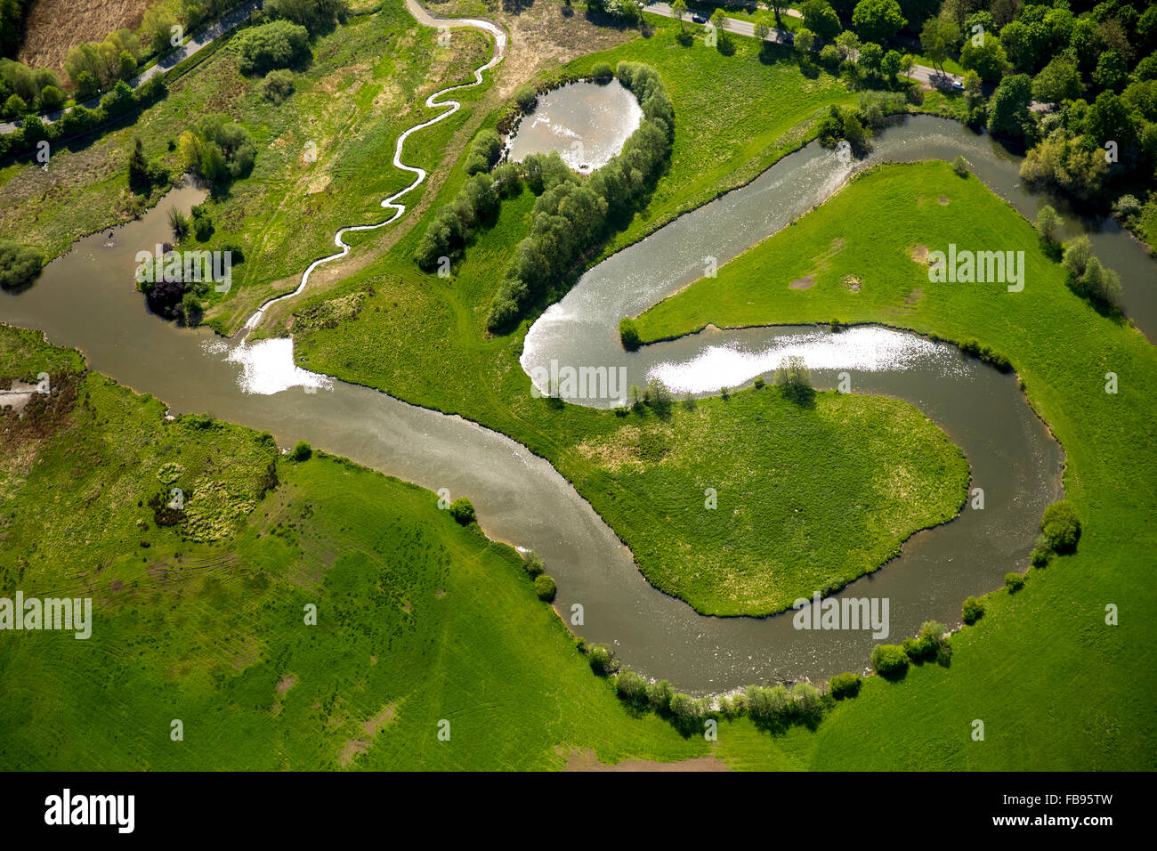 Aerial view, in arcs flowing river Lippe, The Lippe restoration of ...
