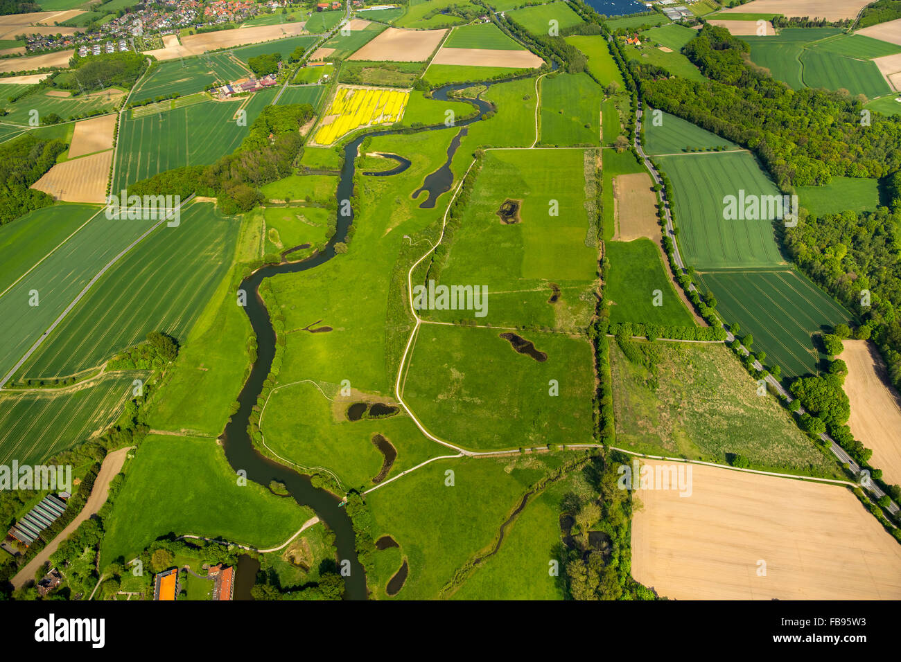 Aerial view, in arcs flowing river Lippe, The Lippe restoration of ...