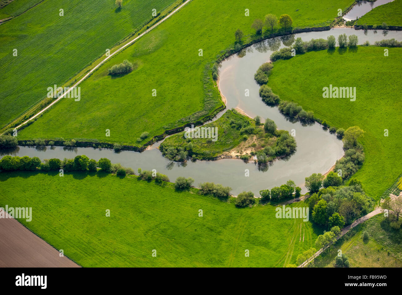 Aerial view, in arcs flowing river Lippe, The Lippe restoration of ...