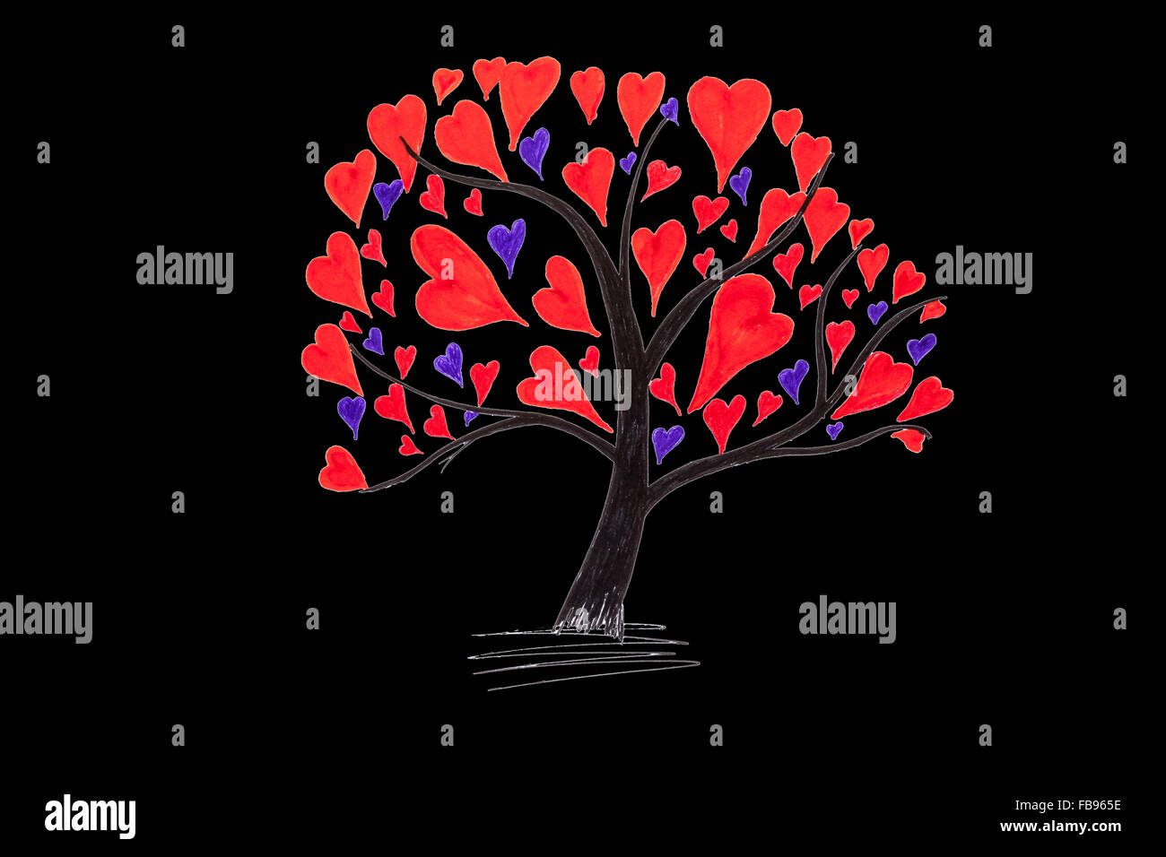 Handmade Valentine card with ink drawing of tree with hearts Stock ...