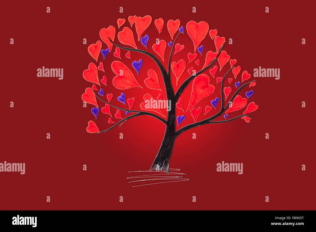 Handmade Valentine card with ink drawing of tree with hearts Stock ...