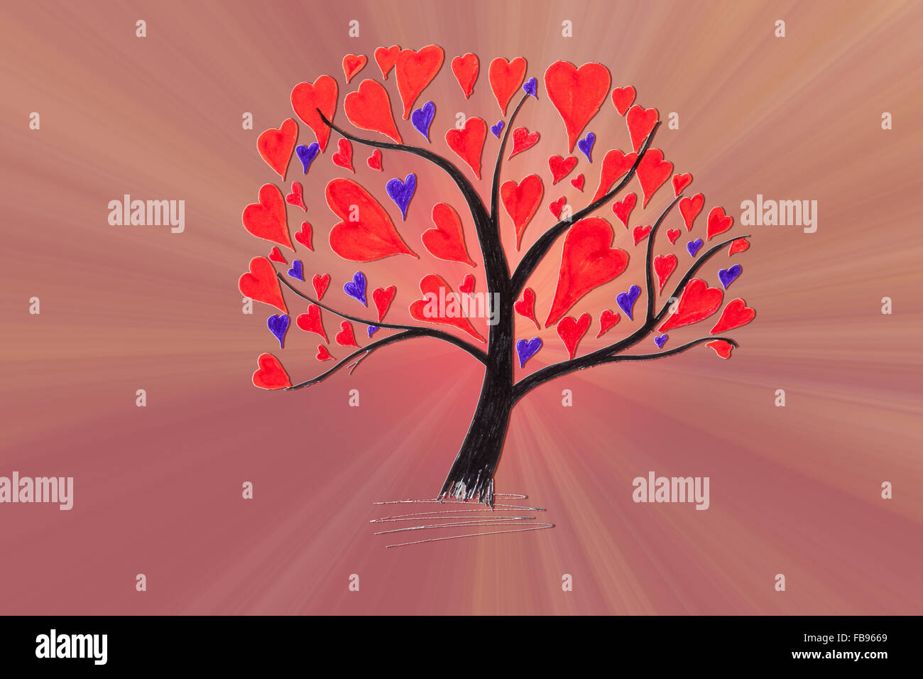 Handmade Valentine card with ink drawing of tree with hearts Stock ...
