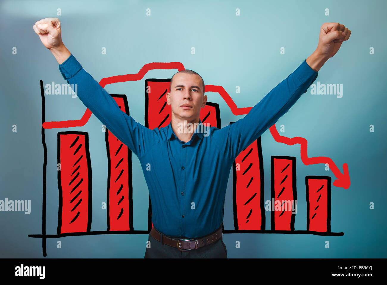 a man raised his hands up the victory sign businessman chart cri Stock ...