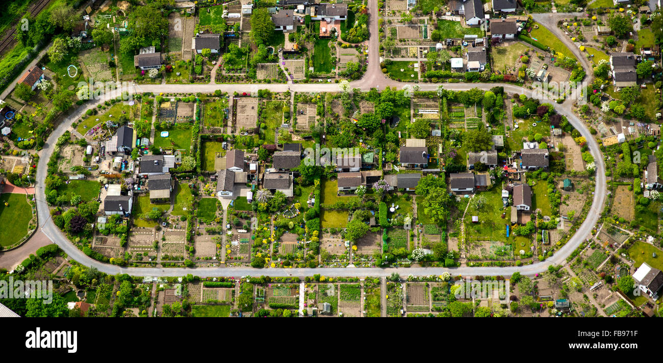 Aerial view, allotments, allotment gardens at the Saarner Road, Botany ...