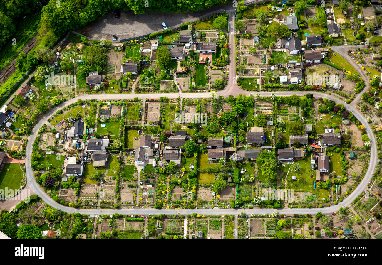 Aerial view, allotments, allotment gardens at the Saarner Road, Botany ...