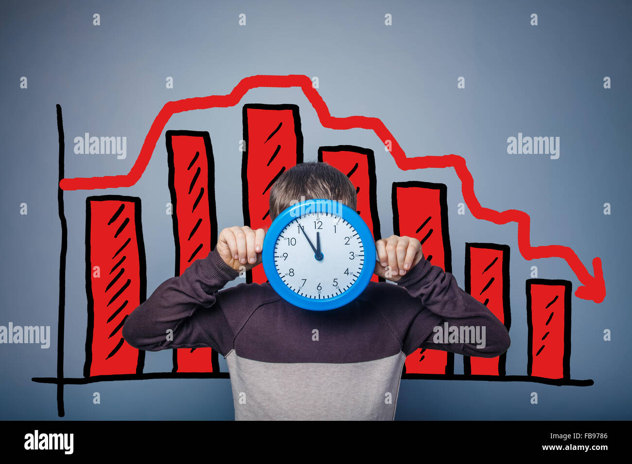 boy covered his face with clock businessman chart crisis decline Stock ...