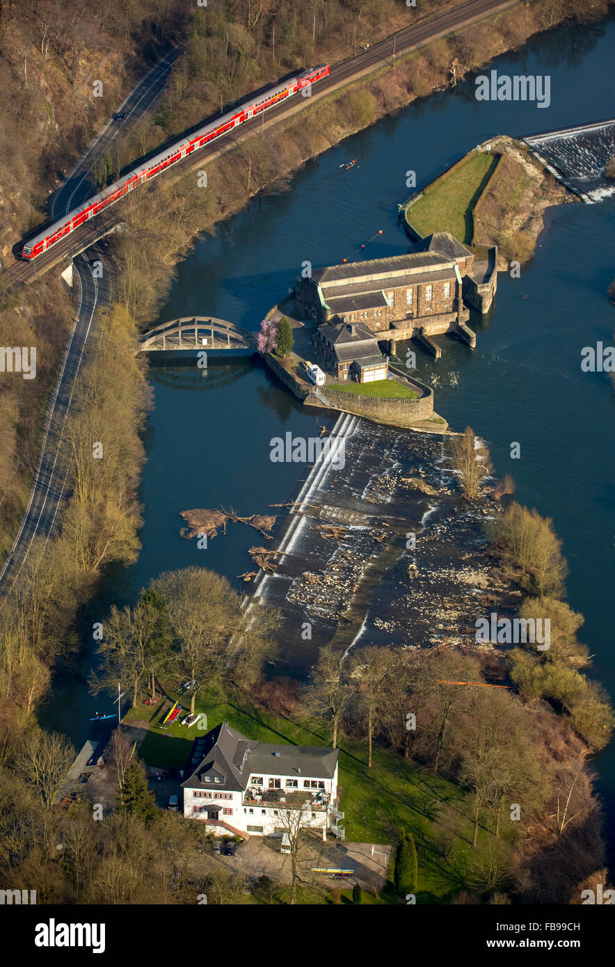 Aerial view, Laufwasserkraftwerk the Ruhr Valley, Ruhr, hydropower ...