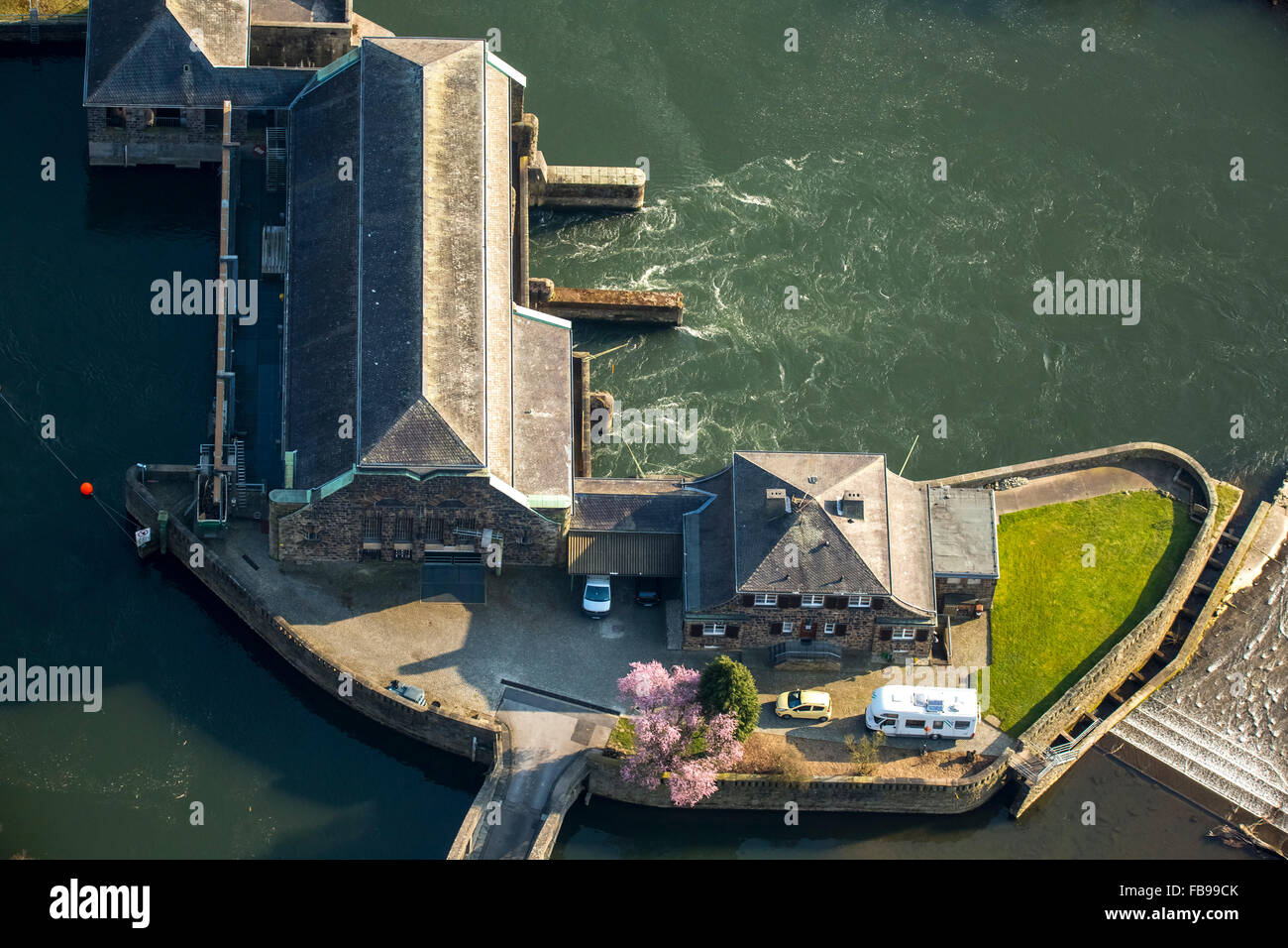 Aerial view, Laufwasserkraftwerk the Ruhr Valley, Ruhr, hydropower ...