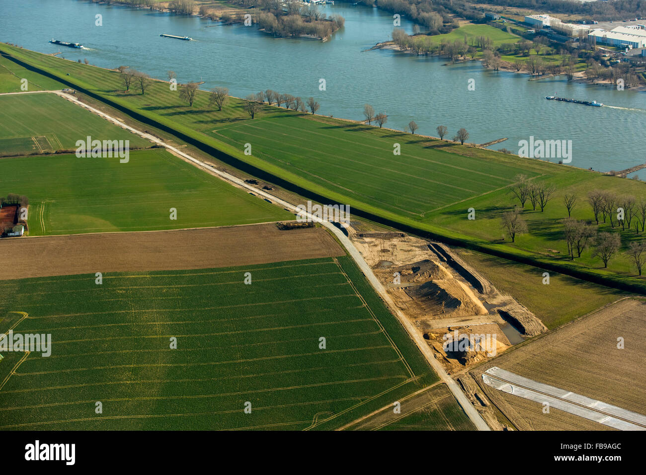 Aerial view, construction work on the dikes of Ehingen, Rhine dikes ...