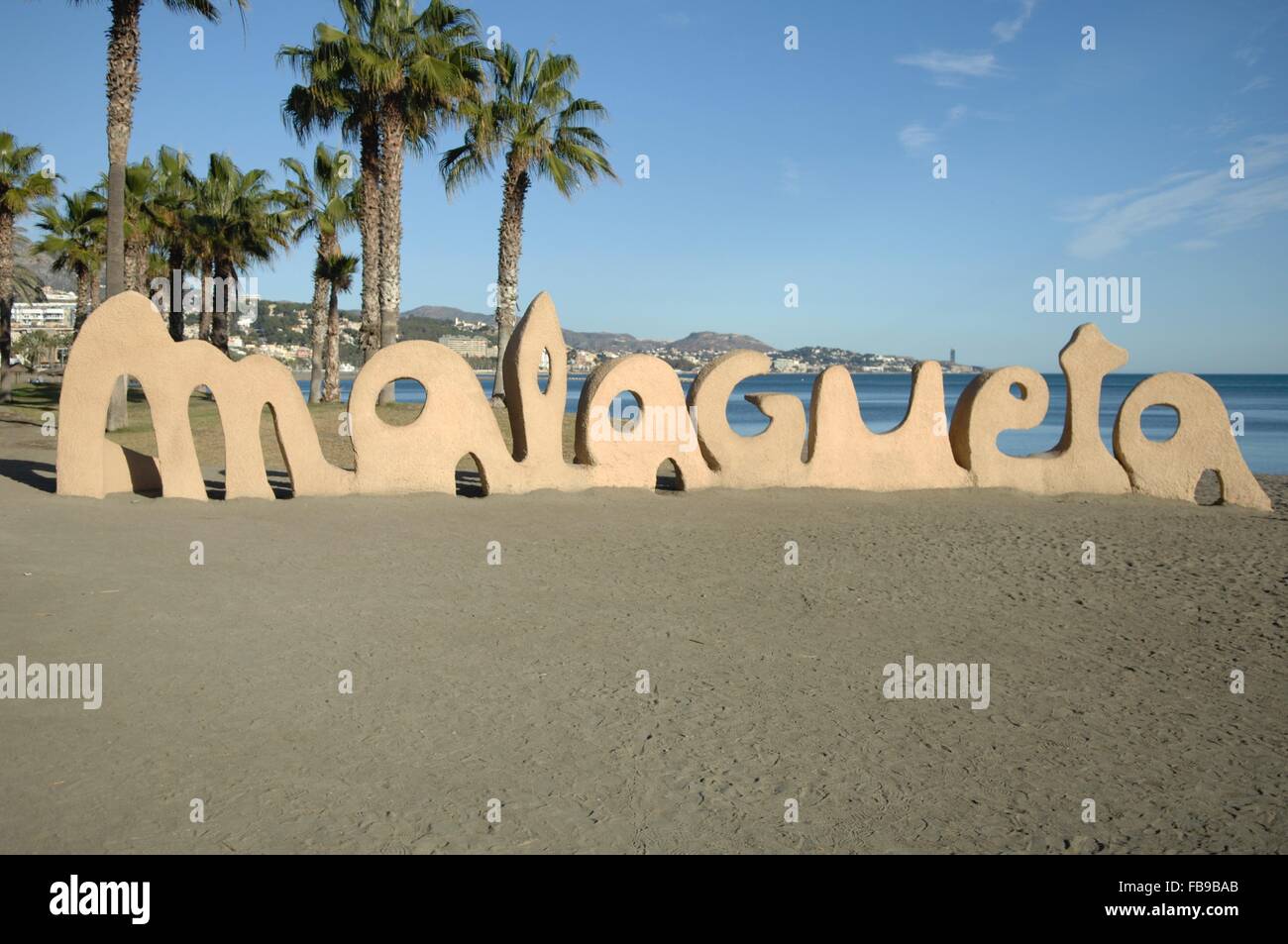 malagueta sign on the beach in malaga Stock Photo - Alamy