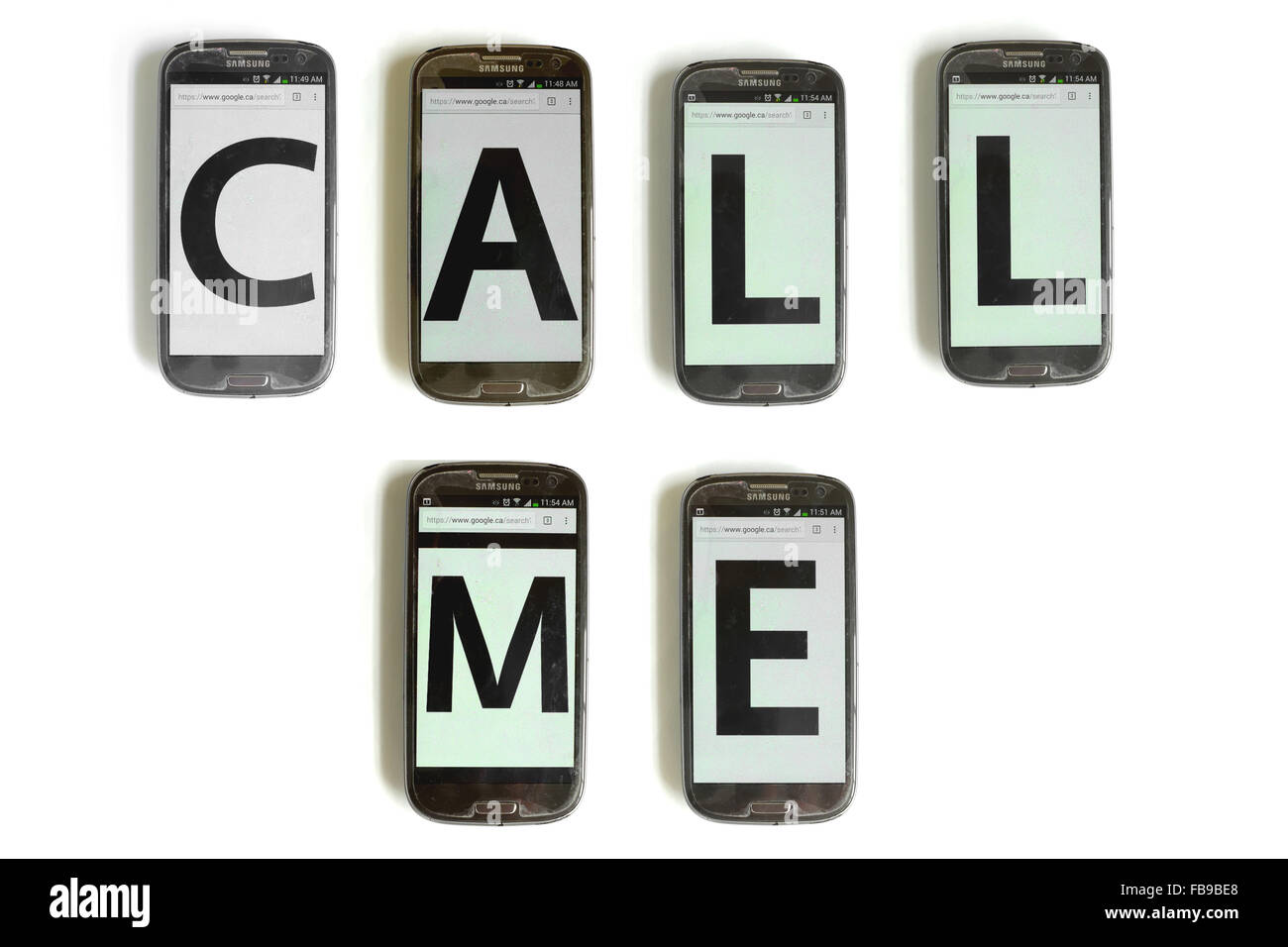 Call Me written on the screens of smartphones photographed against a ...