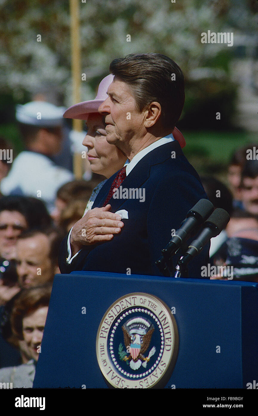 Washington, DC., USA, 18th April, 1982 President Ronald Reagan holds ...