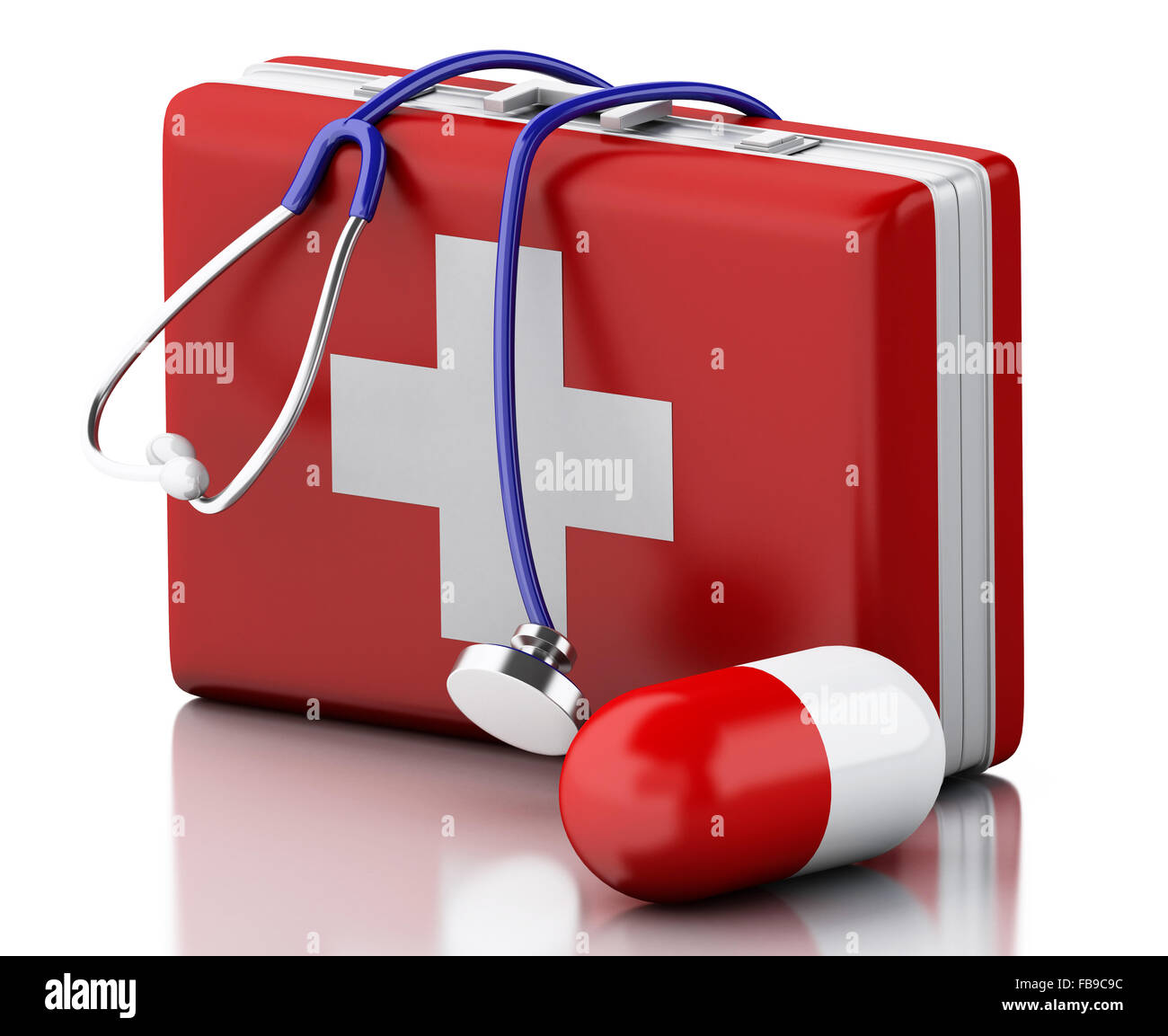 3d illustration. Stethoscope, pills and First Aid Kit. Medicine concept ...