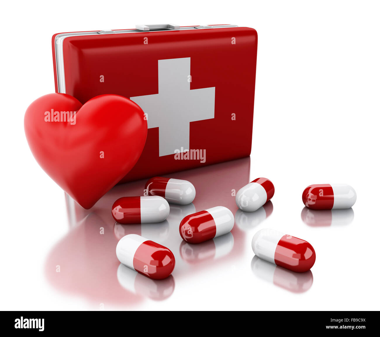 3d illustration. Heart, pills and First Aid Kit. Medicine concept ...