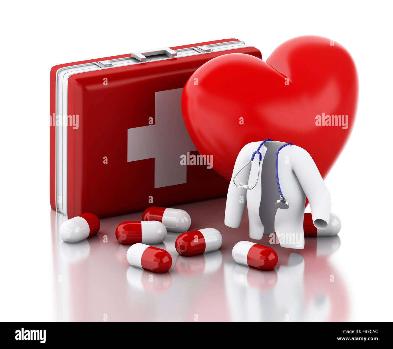 3d illustration. Heart, pills and First Aid Kit. Medicine concept ...
