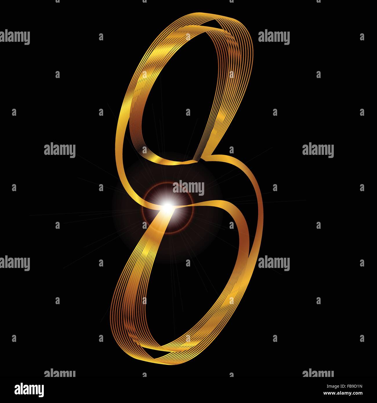 The number eight depicted in fine gold thread over a black background ...