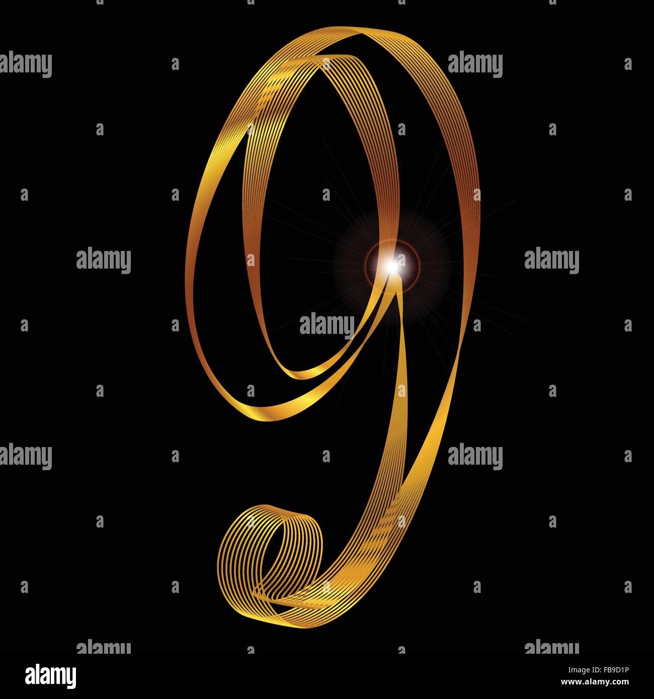 The number nine depicted in fine gold thread over a black background ...