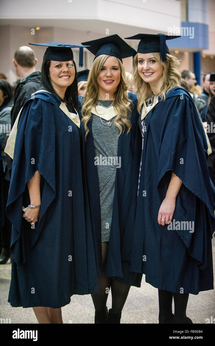 Three happy, smiling young women graduands, graduation ceremony, UK ...