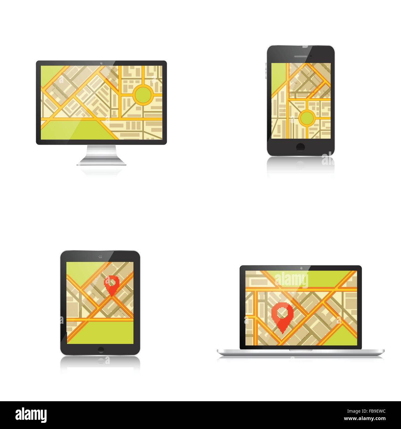 Navigation background with monitor, laptop, tablet, smartphone and map.Responsive web design ...