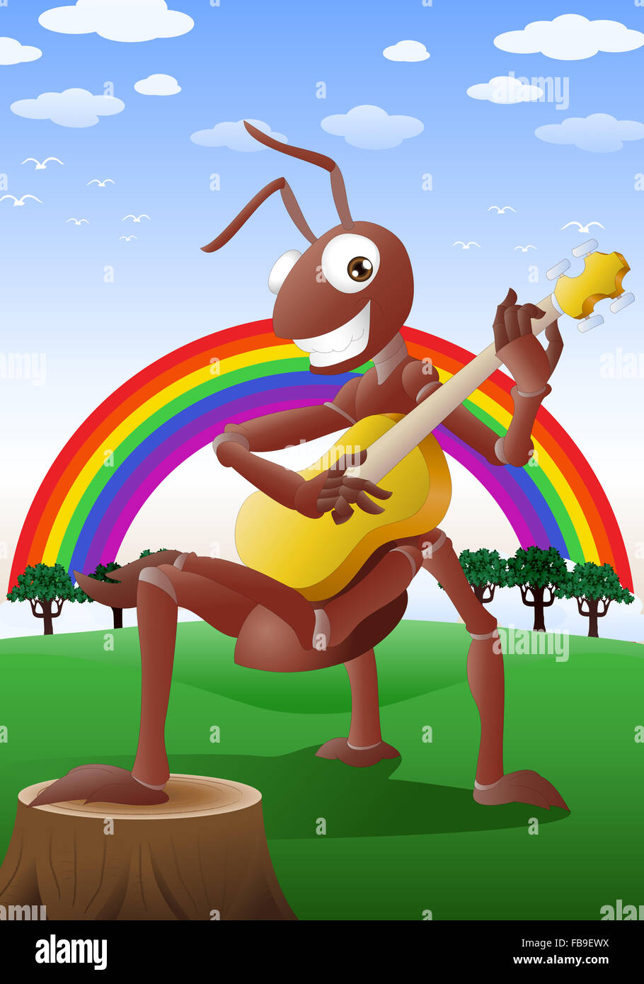 illustration of a happy red ant playing guitar on nature background ...