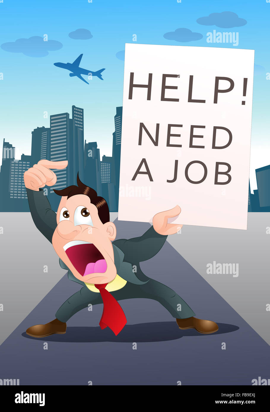 illustration of a businessman with need job banner on city background ...