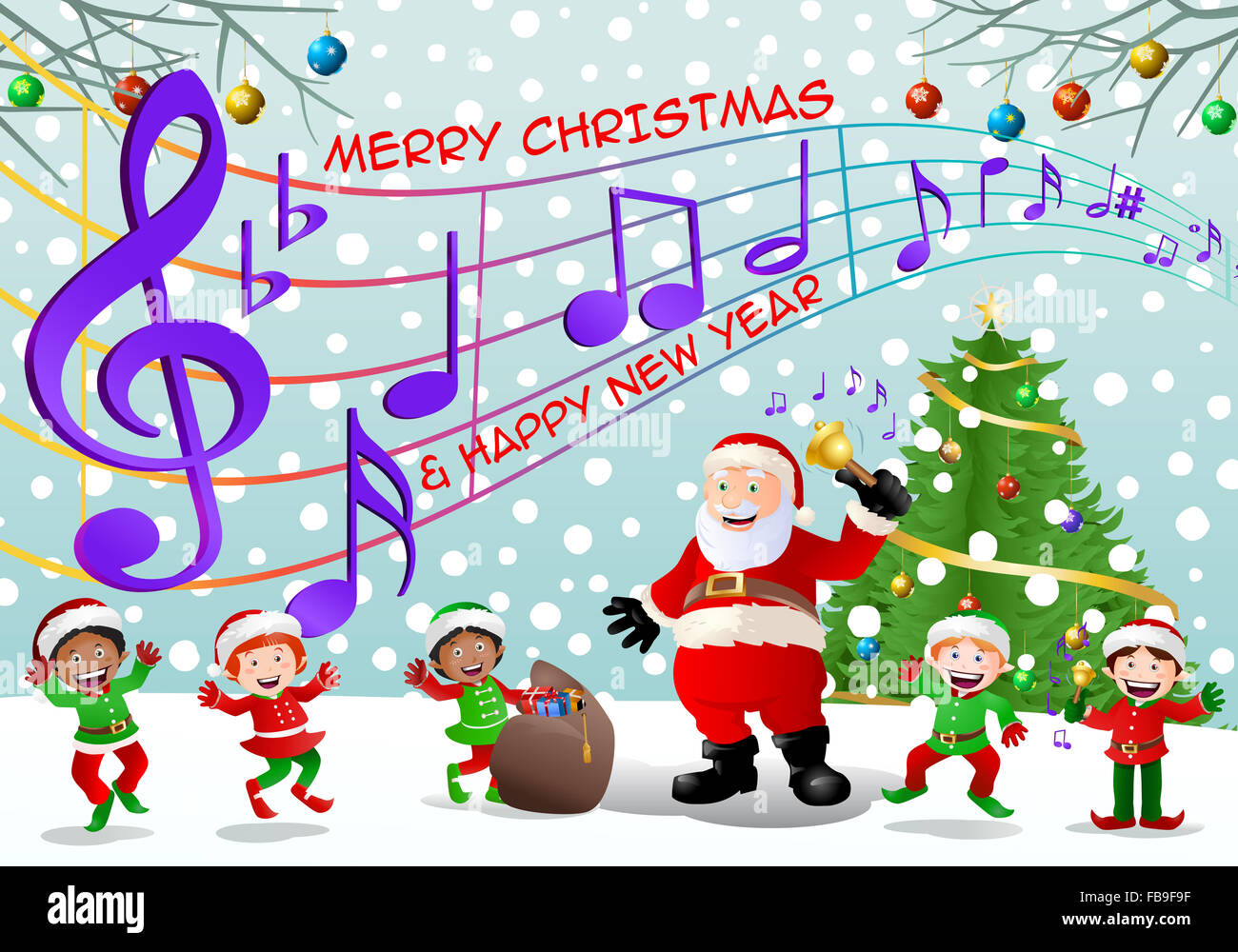 illustration of a santa claus and his elf singing together on christmas ...