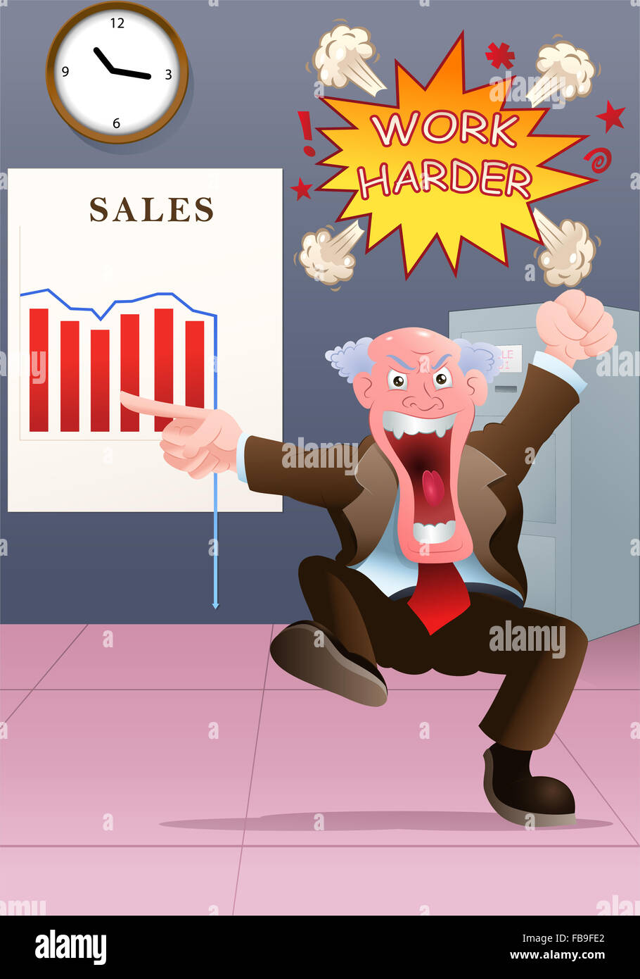 illustration of an angry boss watching bad sales chart Stock Photo - Alamy