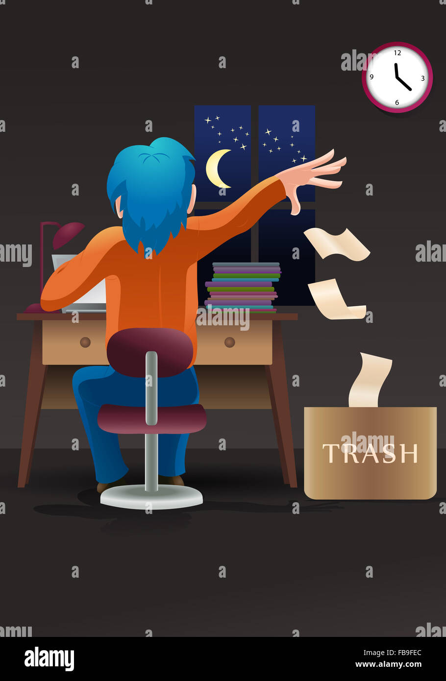 Illustration Of An Editor Choose Good Script Working Late At Office