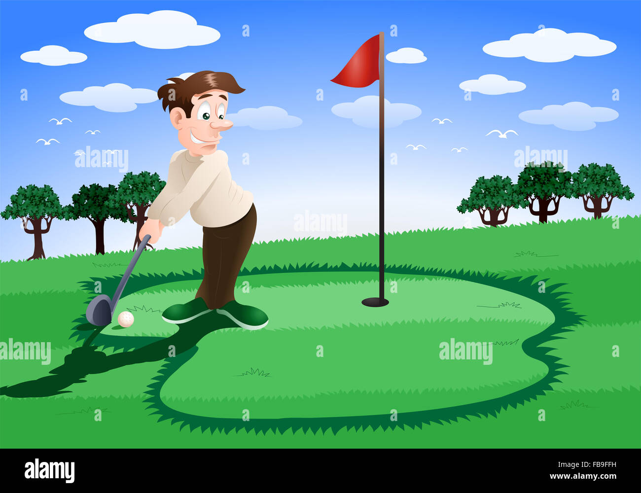 illustration of a man playing golf on golf course background Stock ...