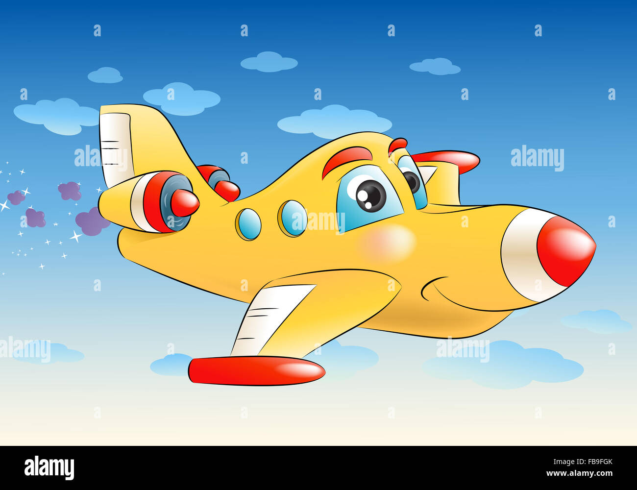 illustration of a yellow commercial plane flying away to destination on ...