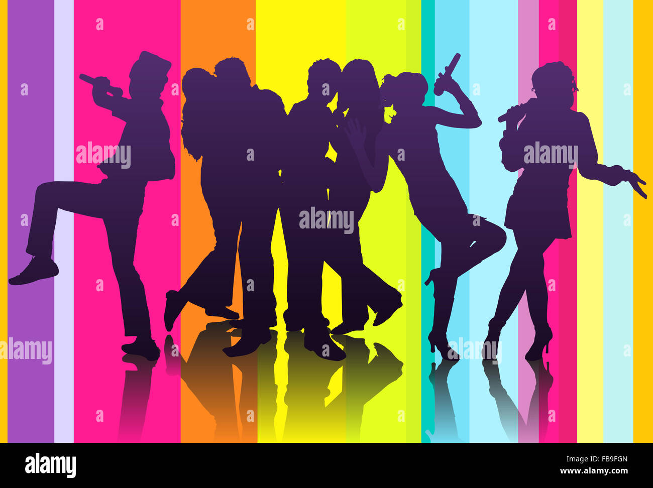 illustration of silhouette of a group friends having fun at karaoke ...
