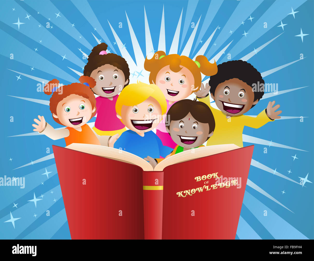 illustration of multi-cultural children reading big book in front of ...