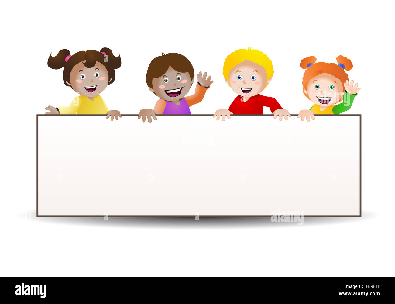 illustration of four cute children holding a blank banner isolated on ...