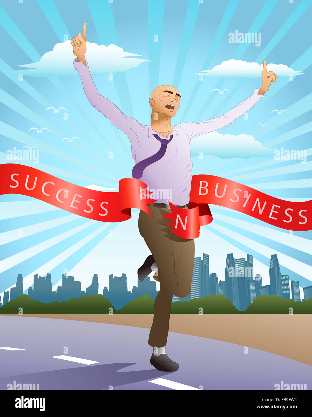 illustration of a successful running businessman reach goal in city ...