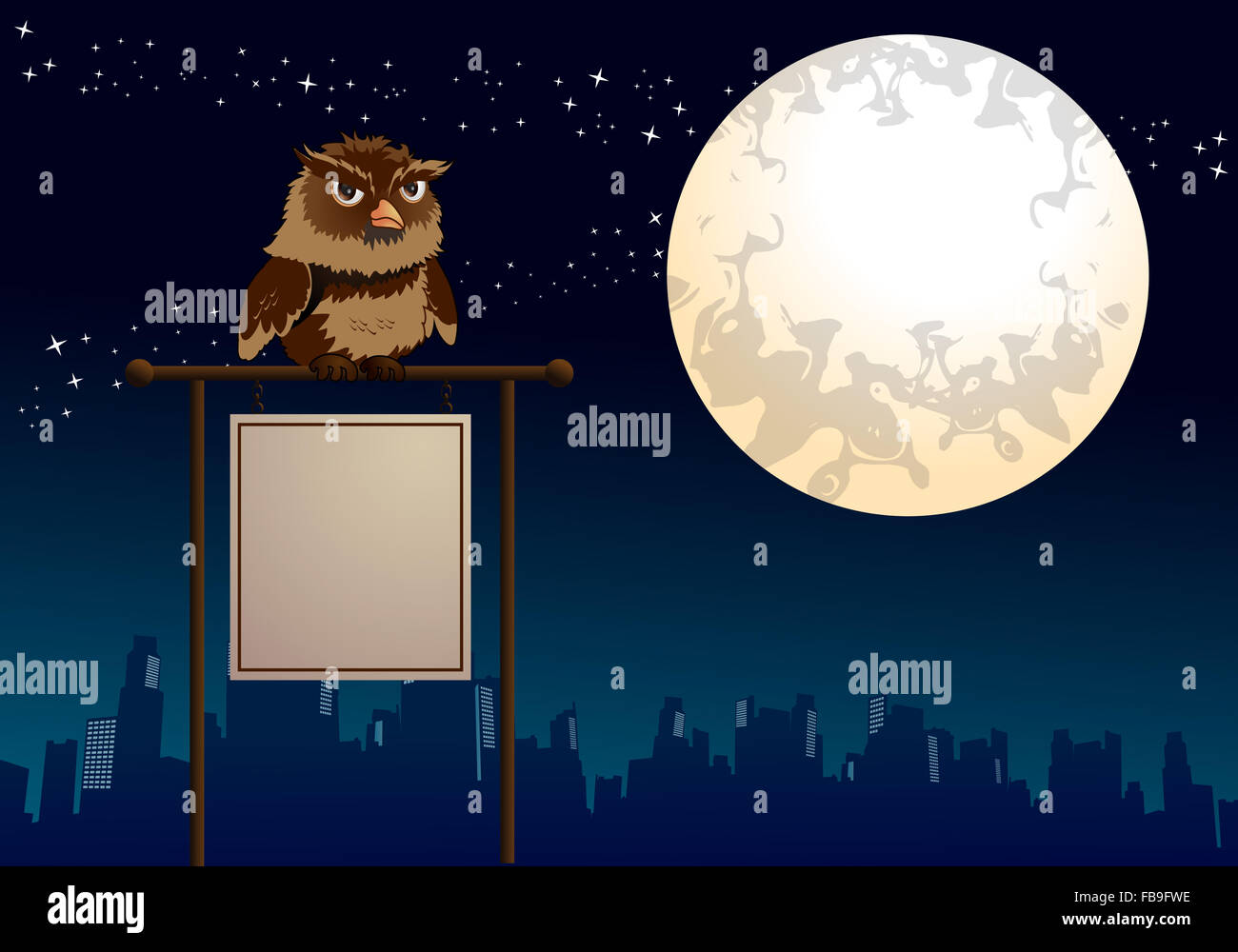illustrations of a brown owl be perched on a blank sign board on night ...